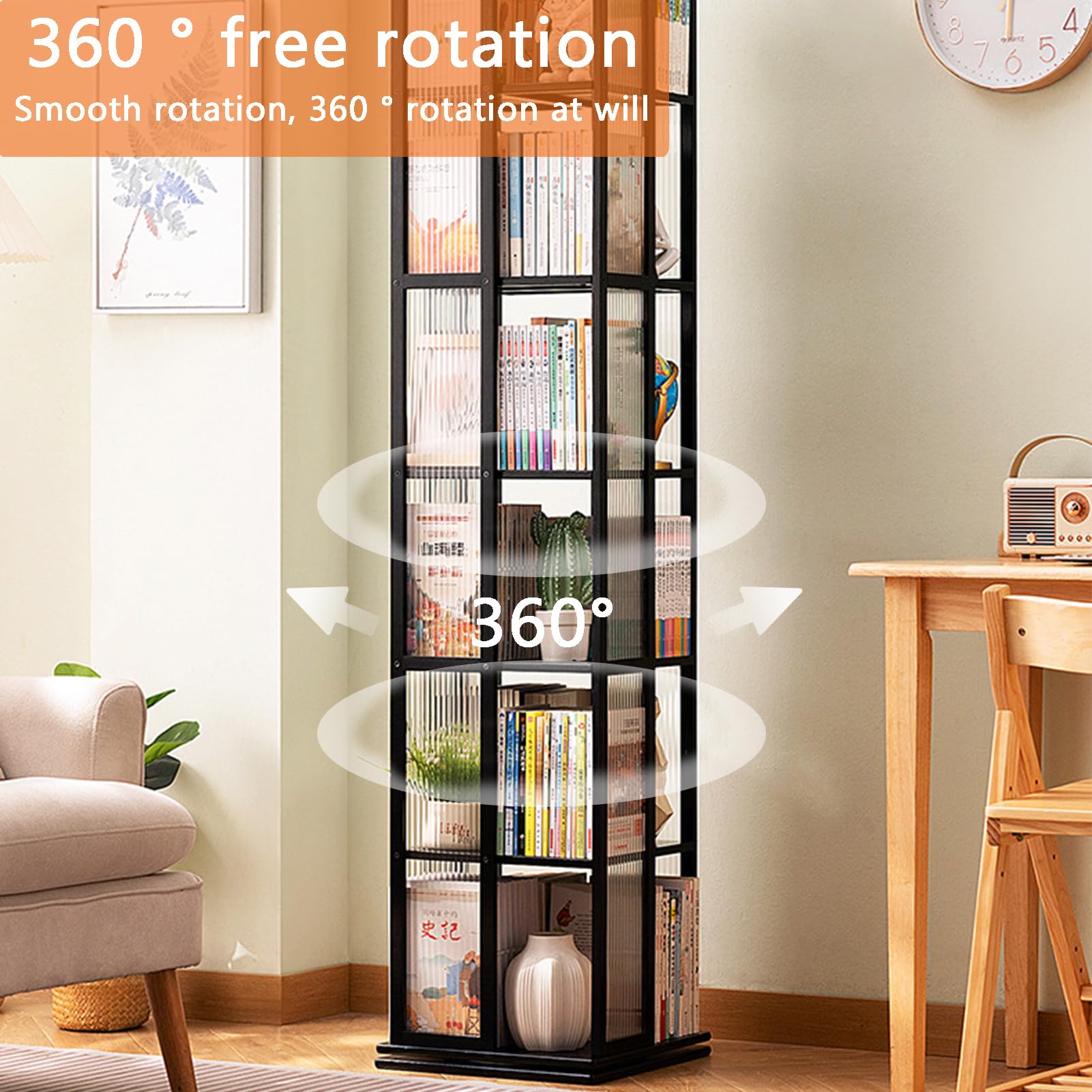 wrdela Rotating Bookshelf, 360 Display Corner Bookshelf for Small Space, 6 Tier Floor Standing Bookcase Storage Rack, Bamboo Narrow Organizer for Kid’s Playroom, Bedroom and Living Room (Black)