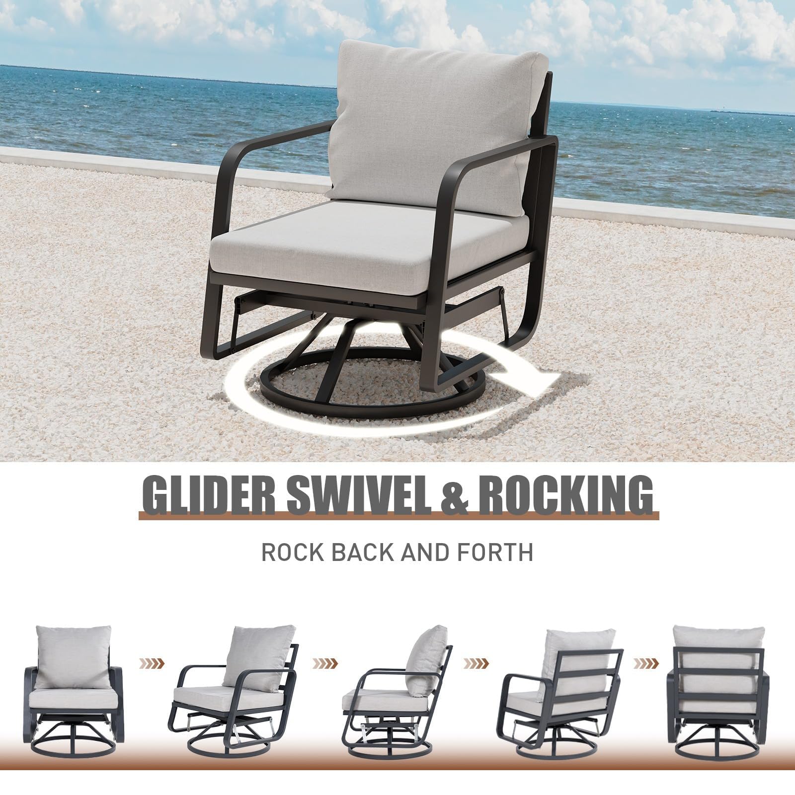 Patio Chairs Swivel Rocker Set: 1Set Aluminum Alloy Ensemble with 360° Swivel Rocking Chairs, Rust-Resistant Frame Cushions -Perfect for Backyard, Deck, Porch, and Balcony Decoration (1chair Only)