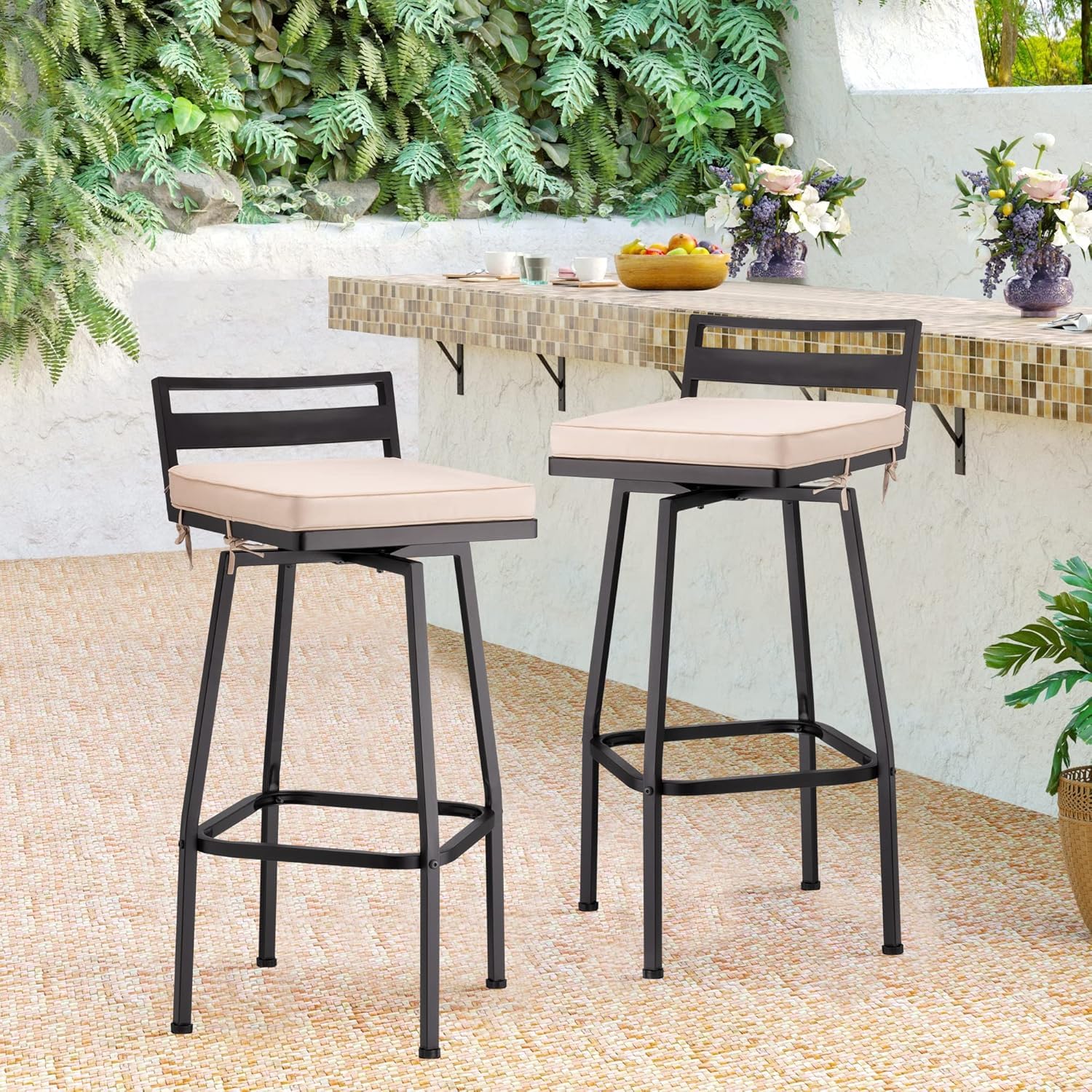 Lovinouse 27" Height Low Back Swivel Bar Stools with Cushion,Outdoor Patio Wrought Iron Chair Set,Outside Metal Bar Chair, Height Barstool for Bistro Lawn,Garden, Backyard,Indoor,Set of 4,Load 330LBS