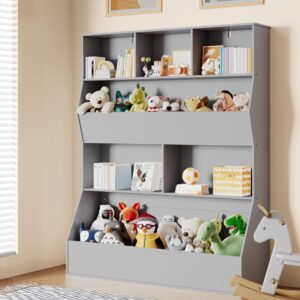 mamizo toy storage organizer for kids, large wooden open bookcase, 4-tier children storage cabinet, cubby bookshelf for playroom bedroom nursery classroom (gray)