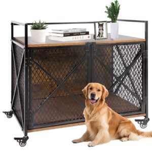 ketive dog crate furniture with cushion, 31"l wooden dog crate end table with double doors, chew-resistant dog kennel indoor, heavy duty dog crate with wheels, rustic brown (31.2"l x 20.5"w x 28.9"h)