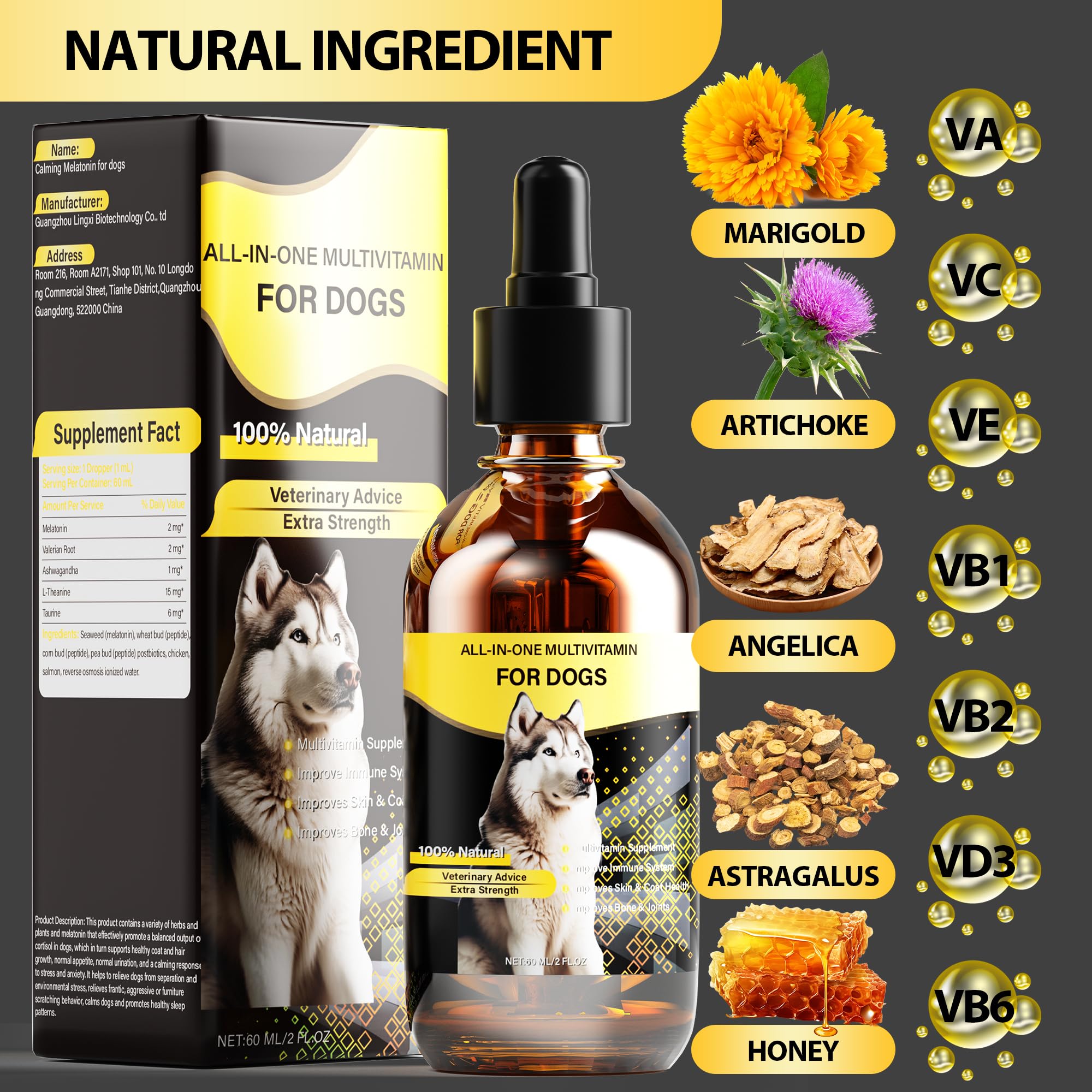 Dog Multivitamin Liquid, 13-In-1 Dog Vitamins Extra Strength to Improve Dog’s Digestive, Immune, Skin, Coat, Bone, Joints Health, 60 Ml Nature Dog Vitamins and Supplements for All Ages Breed Sizes Dog