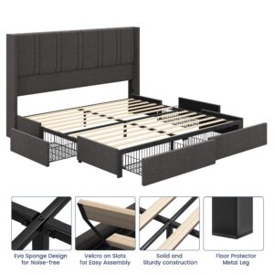 BRELTAM Queen Size Bed Frame with 4 Storage Drawers Linen Upholstered Platform Bed with Wingback Headboard, No Box Spring Needed, Easy Assembly, Dark Grey