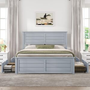 YUMPIE Queen Size Platform Bed Frame with 4 Storage Drawers and Headboard, Wood Bed Frame with Wood Slats Support, No Box Spring Needed, Storage Bed Frame for Kids, Teens, Adults, Grey