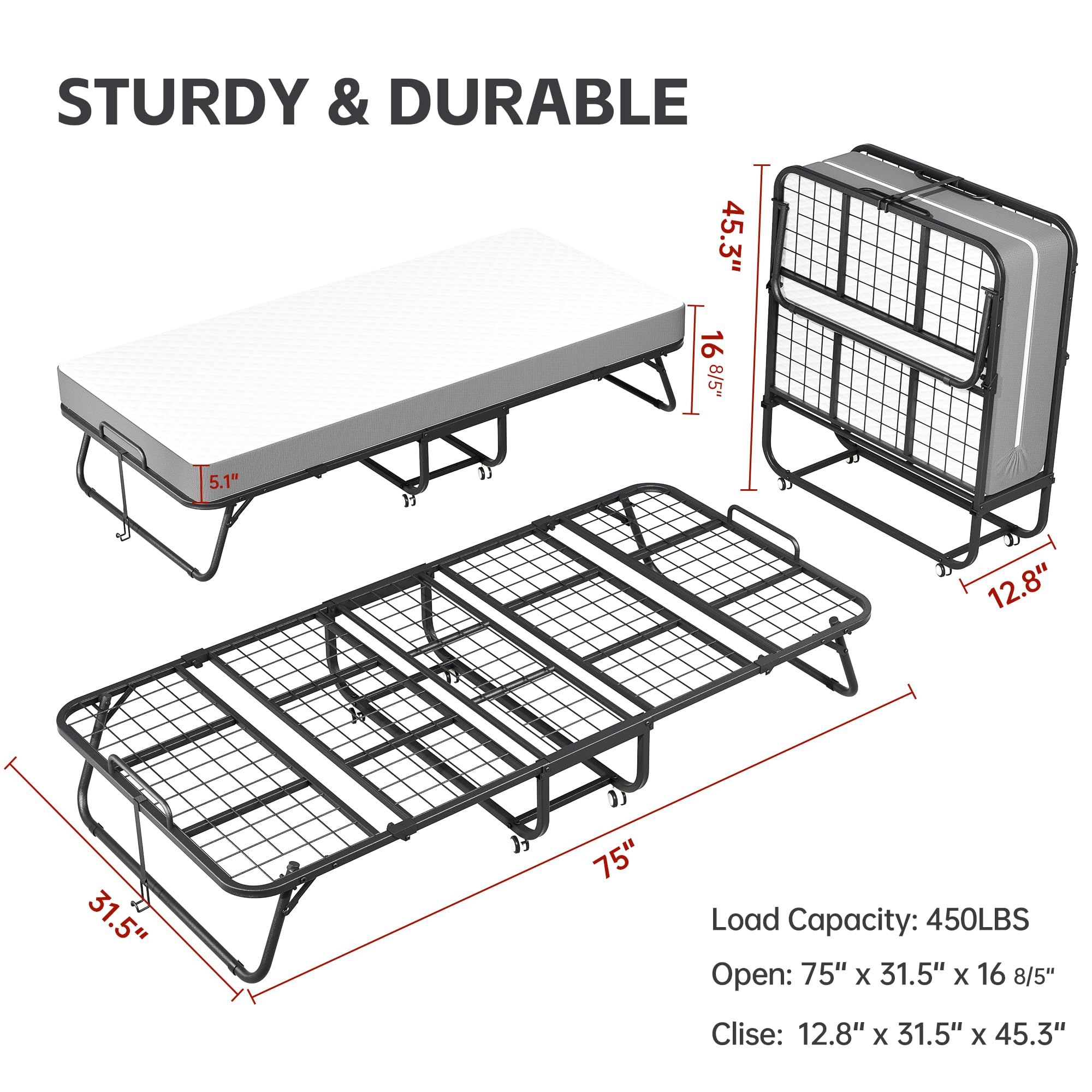 Bonusall Folding Bed with Mattress 75" x 31" Cot Size Bed Frame,Assembly Folded Bed,5" Thick, Space-Saving & Portable Roll Away Guest Beds - Foldaway Bed Frame for Guest Room, Small Apartment