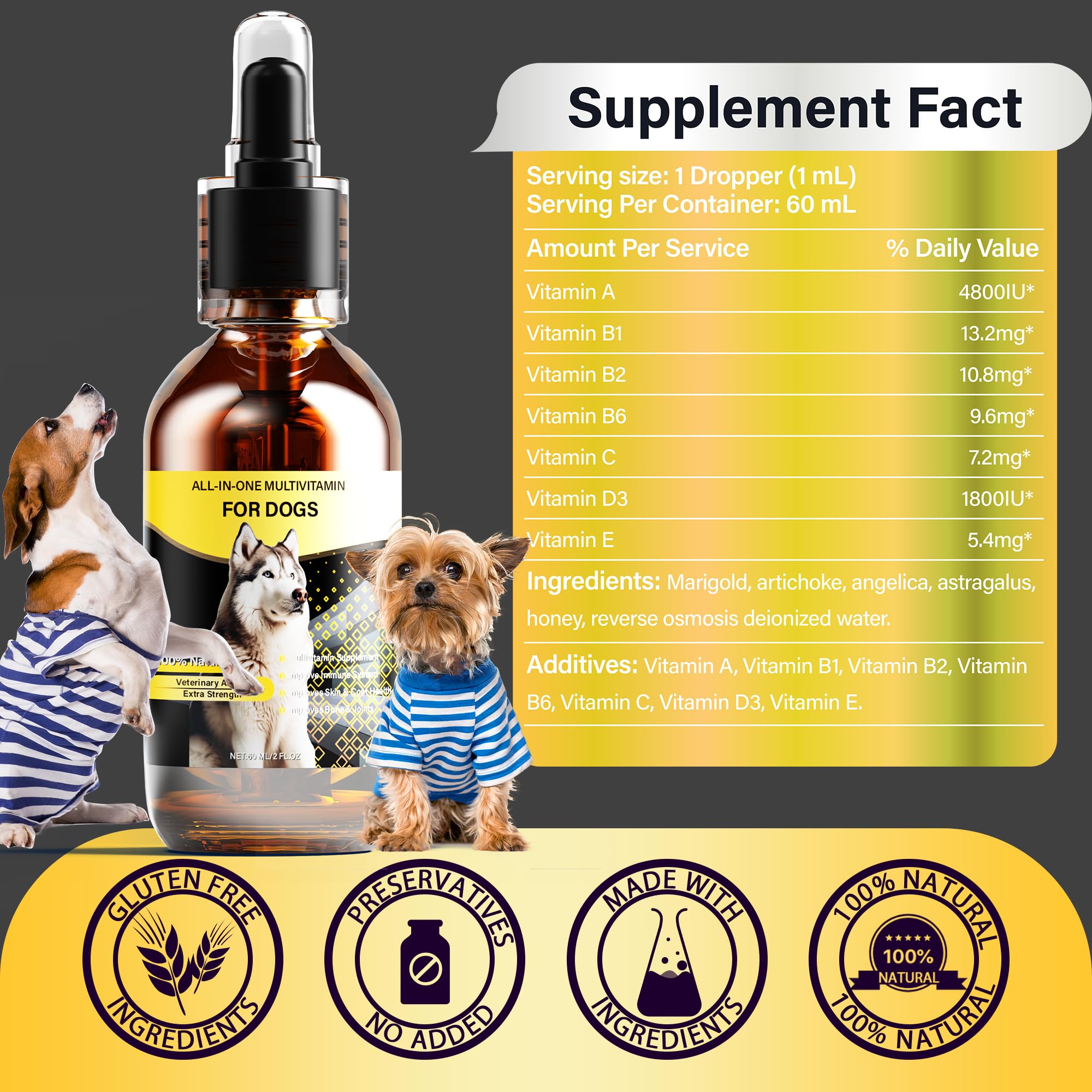 Dog Multivitamin Liquid, 13-In-1 Dog Vitamins Extra Strength to Improve Dog’s Digestive, Immune, Skin, Coat, Bone, Joints Health, 60 Ml Nature Dog Vitamins and Supplements for All Ages Breed Sizes Dog