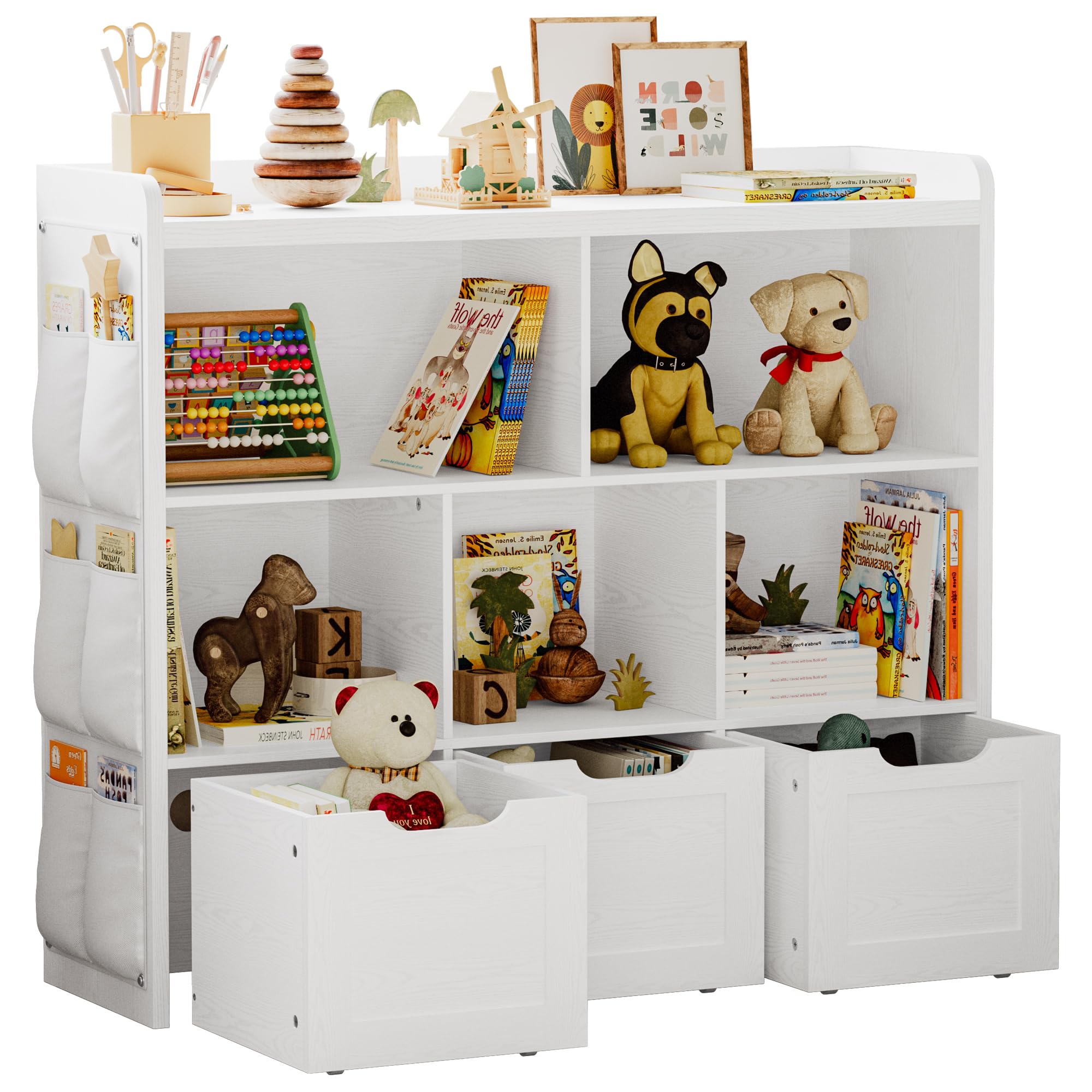 IRONCK Toy Storage Organizer with 3 Movable Drawers, Multifunctional Floor Storage Cabinet Toy Chest with 5 Storage Cubbies, Kids Bookcase for Boys and Girls, White