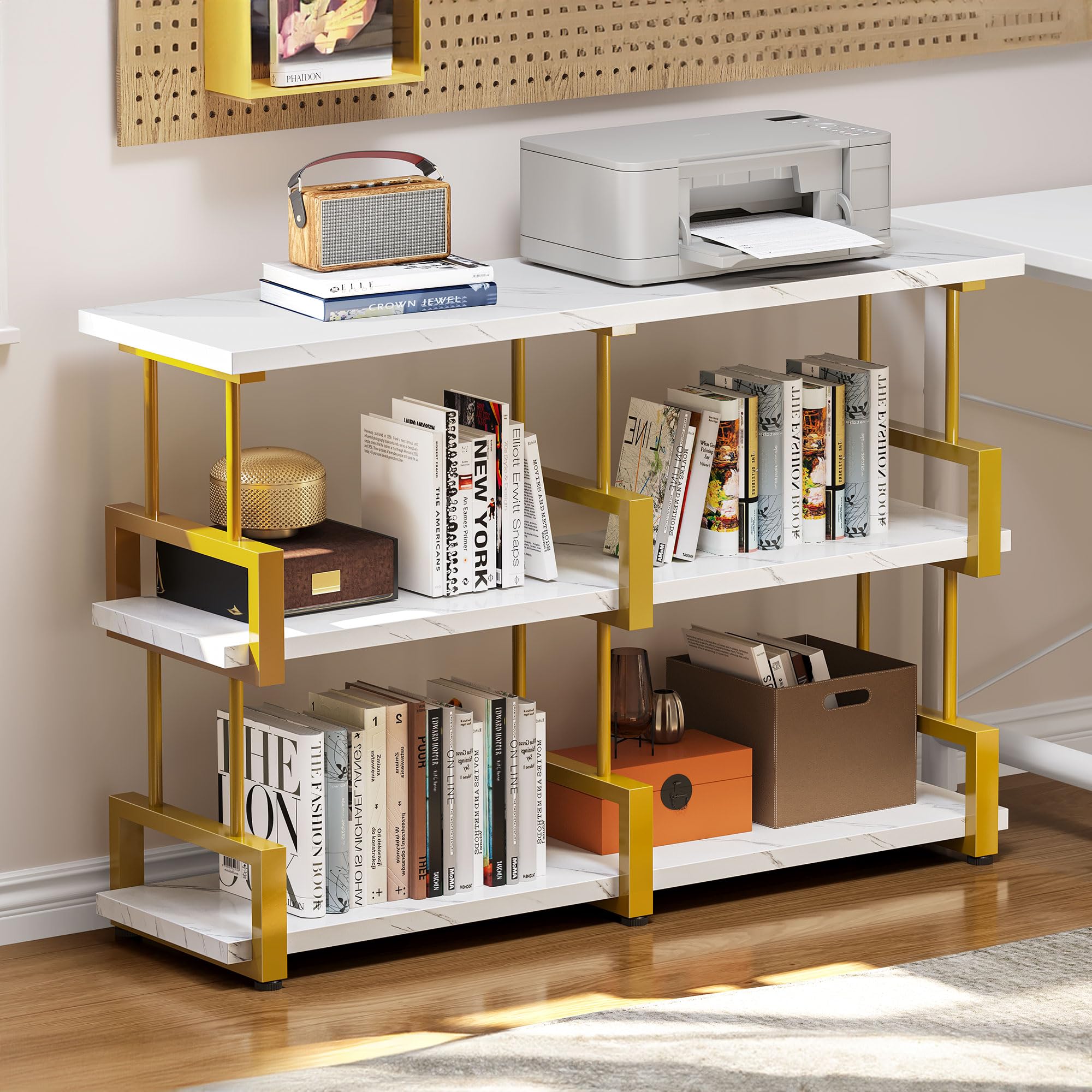 YITAHOME Gold Bookshelf, 3-Tier Modern Bookcase Open Book Shelf Horizontal Bookshelf for Living Room, Sleeping Room, Home Office, Faux Marble White