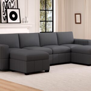 Wimarsbon Modular Sectional Sofa Set Convertible U Shaped Sofa Couch with Storage Seats Modern Pinstripe Fabric Sectional Couch for Living Room (Black, 4+2)