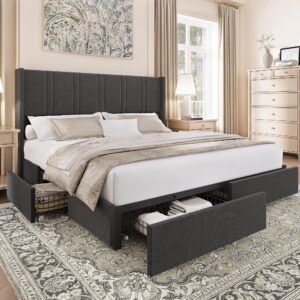 breltam queen size bed frame with 4 storage drawers linen upholstered platform bed with wingback headboard, no box spring needed, easy assembly, dark grey