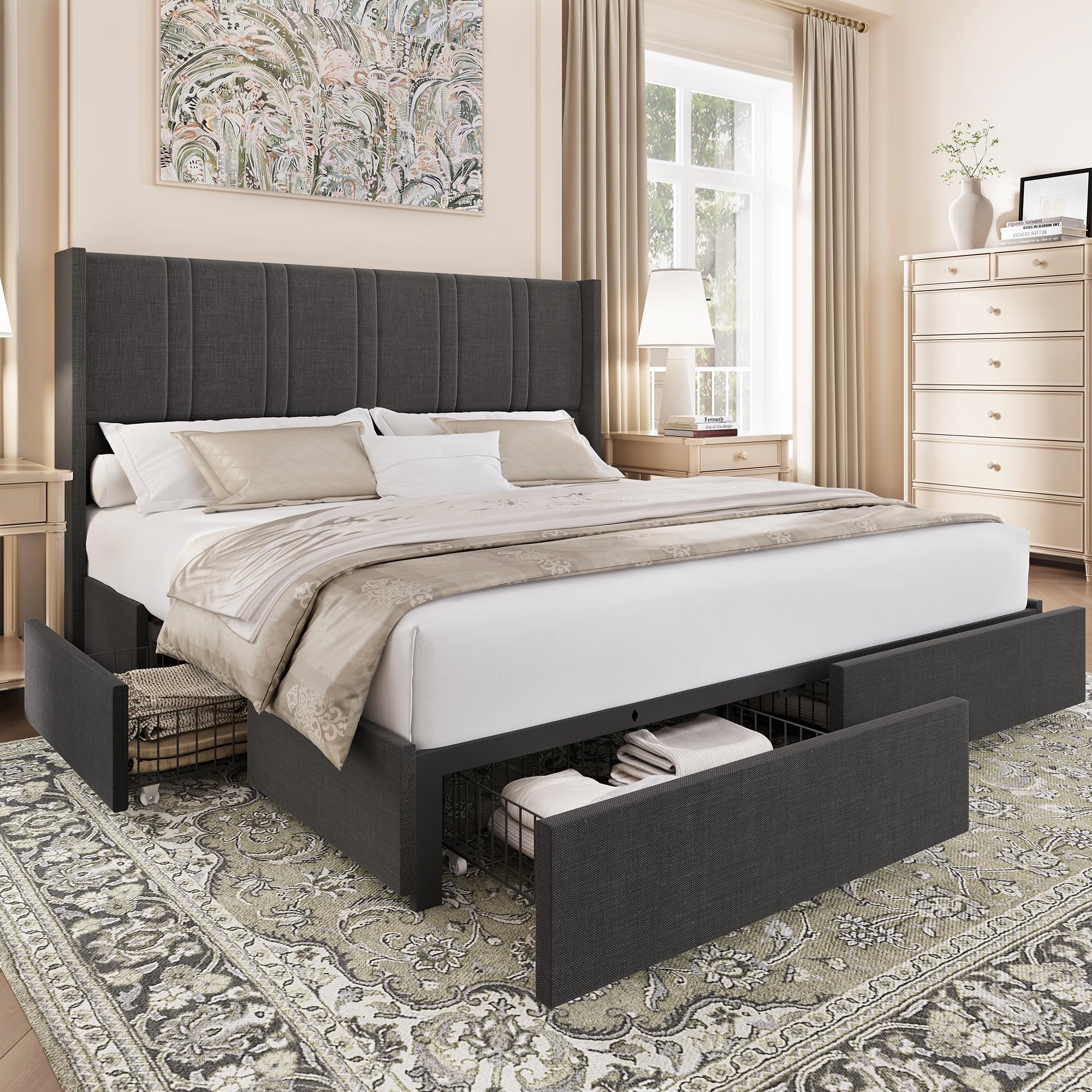 BRELTAM Queen Size Bed Frame with 4 Storage Drawers Linen Upholstered Platform Bed with Wingback Headboard, No Box Spring Needed, Easy Assembly, Dark Grey