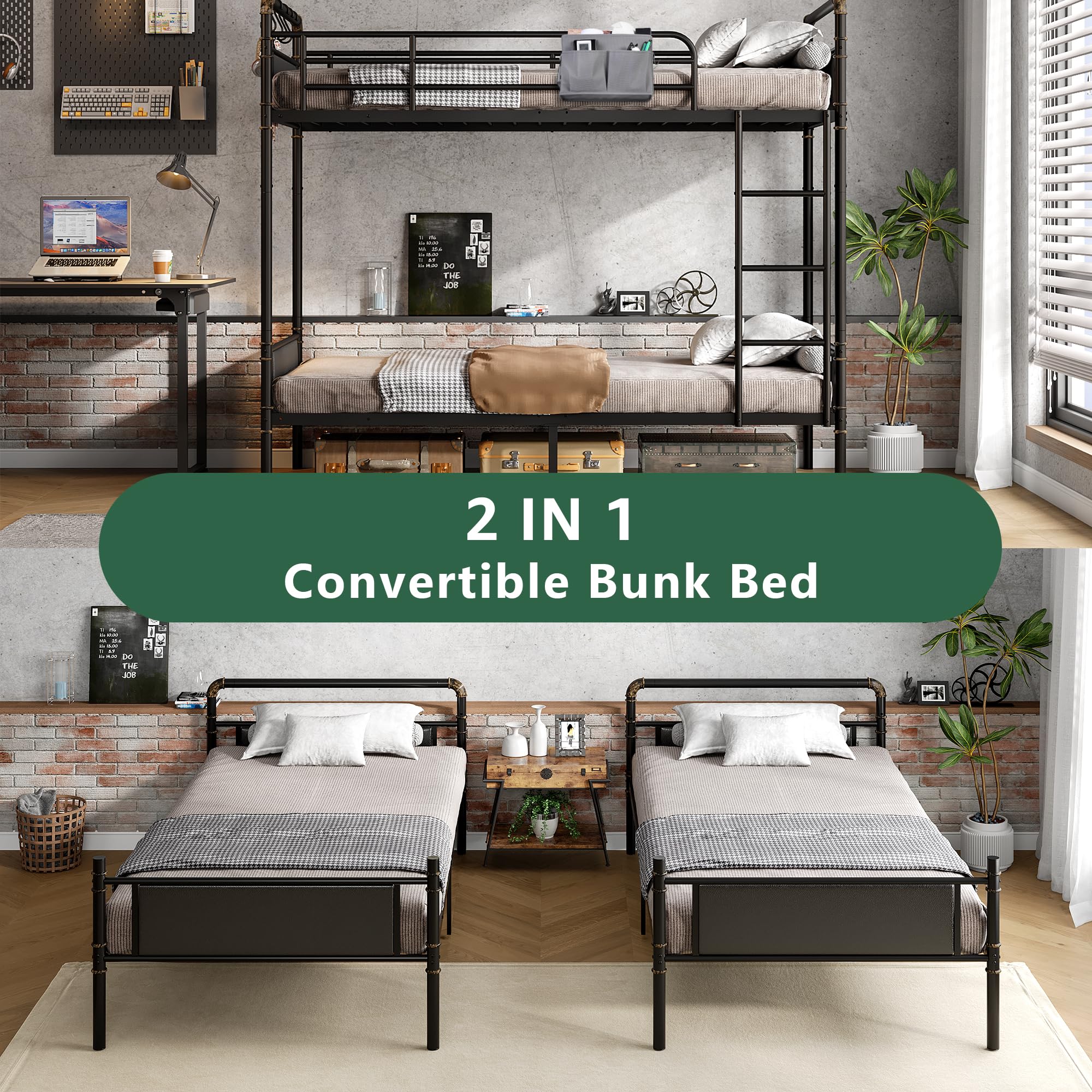 Jocoevol Bunk Bed Twin Over Twin, Industrial Bunkbeds with Ladder and High Guardrail, Twin Size Convertible Metal Bunk Beds for School, Bedroom (Black)