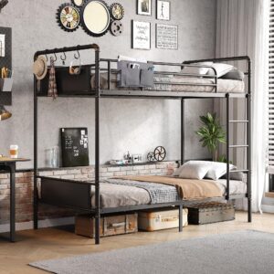 jocoevol bunk bed twin over twin, industrial bunkbeds with ladder and high guardrail, twin size convertible metal bunk beds for school, bedroom (black)