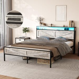 Vabches Full Size Bed Frame with Headboard and Charging Station, Wash Grey Platform Bed Frame with Led Light, No Box Spring Needed, Noise Free Farmhouse Bedroom Set