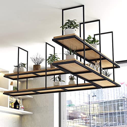 MISTRARA Ceiling Shelf Wine Rack, 2 Layer Ceiling Mount Floating Shelves with Wooden Boards, Metal Display Stand for Wine Bottle Plants Books Storage, for Restaurant, Bar, Cafe (Size : 100x