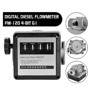 XAXAX Water Flow Meter, FM-120 4 Digital Gasoline Fuel Petrol Oil Flow Meter, 20-120L/Min for Fuel Oil Flow Sensor Counter Gasoline Meter Display,Gallon, QTS, PTS, L, m³