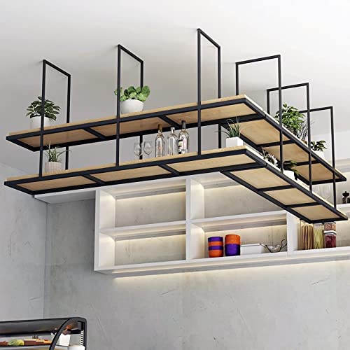 MISTRARA Ceiling Shelf Wine Rack, 2 Layer Ceiling Mount Floating Shelves with Wooden Boards, Metal Display Stand for Wine Bottle Plants Books Storage, for Restaurant, Bar, Cafe (Size : 100x