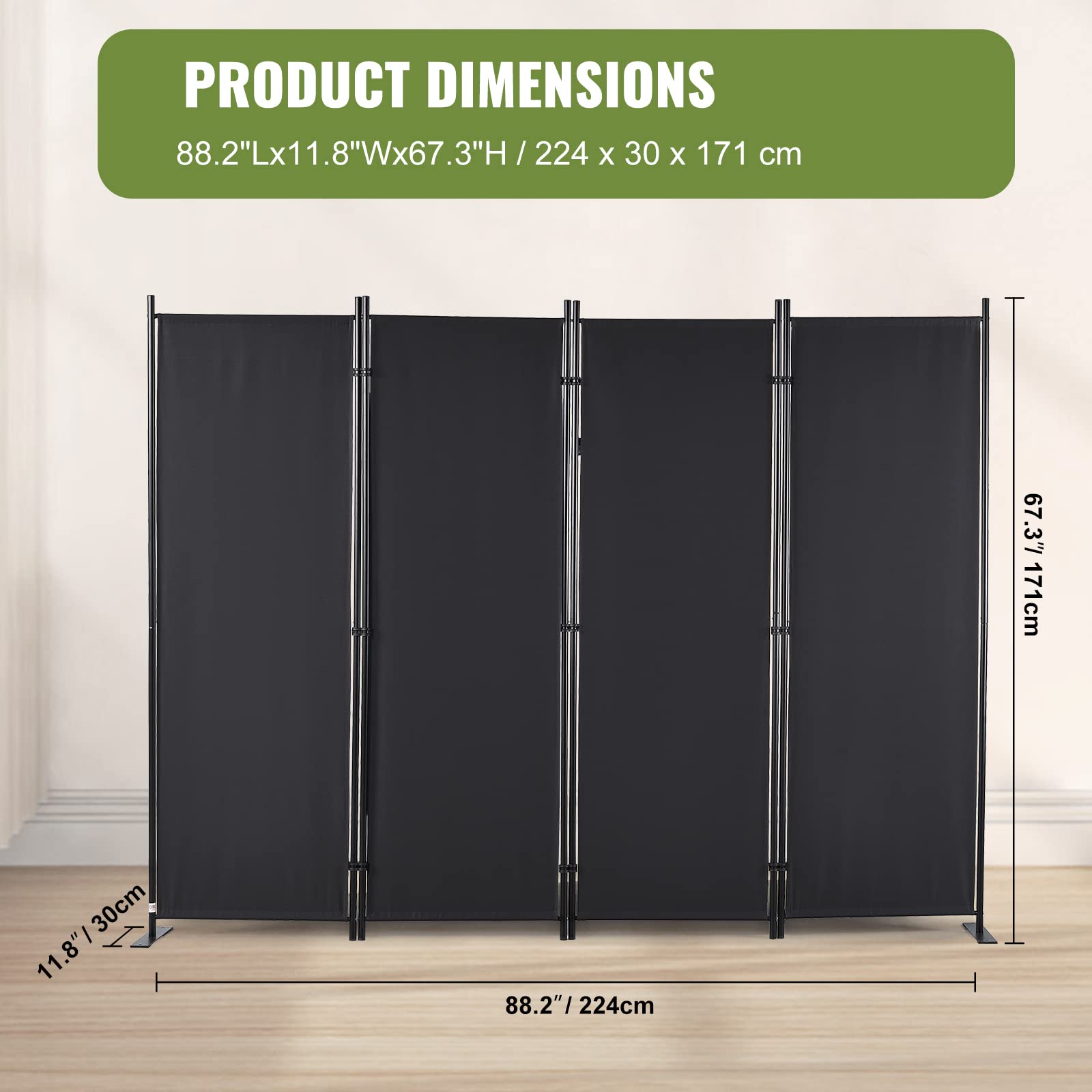 VEVOR Partition Screen, 5.6 ft Privacy Panels (4-Panel), Cloth Separator for Office, Bedroom, Dining, Study Areas, Standalone, Black