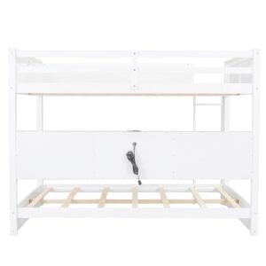 XD Designs Wood Bunk Bed Queen Over Queen Size with Built-in Storage Cabinets and USB Ports, Versatile Bunk Bed Frame with Ladder and Guardrail for Kids Teens Adult, Maximize Space (White-9.30)