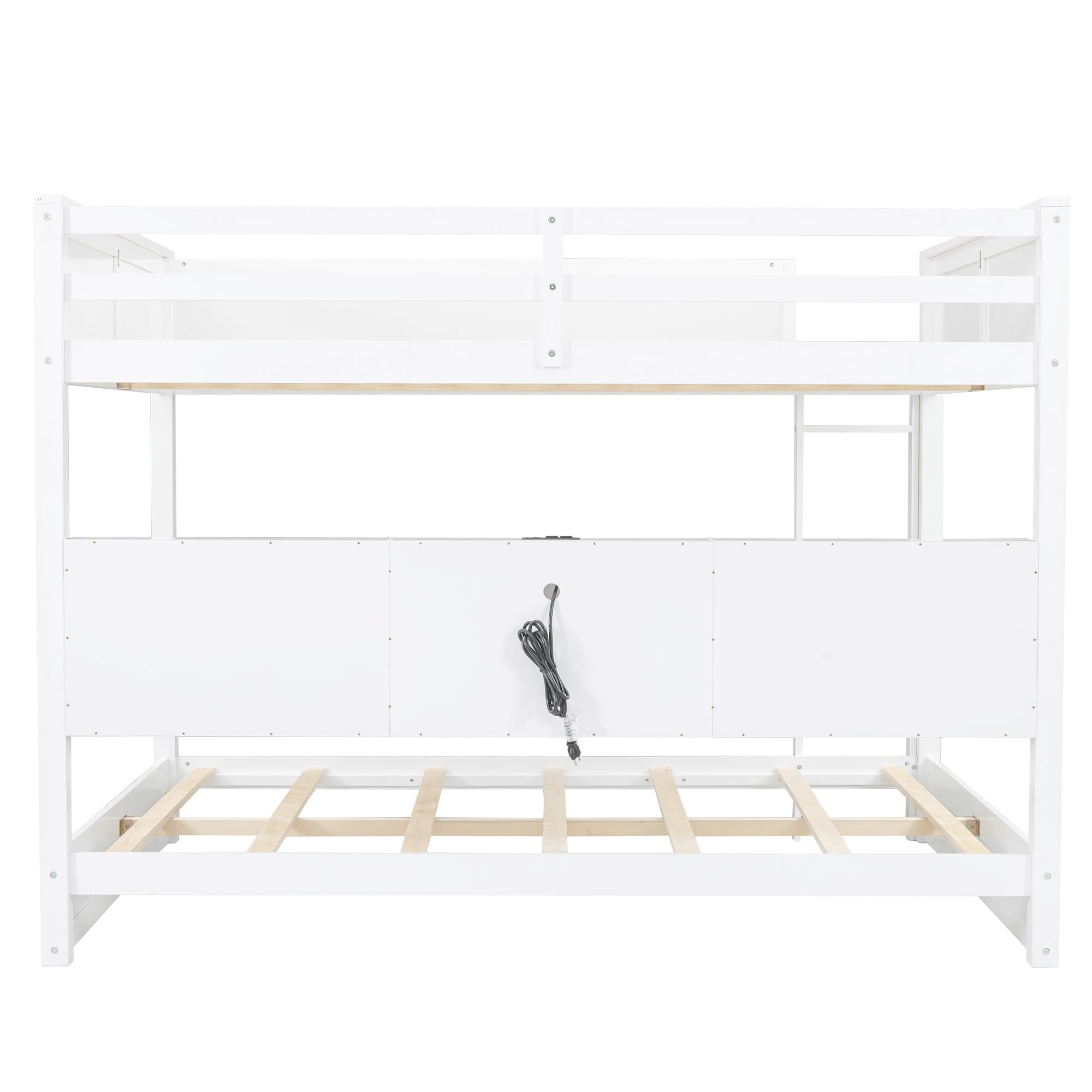 XD Designs Wood Bunk Bed Queen Over Queen Size with Built-in Storage Cabinets and USB Ports, Versatile Bunk Bed Frame with Ladder and Guardrail for Kids Teens Adult, Maximize Space (White-9.30)