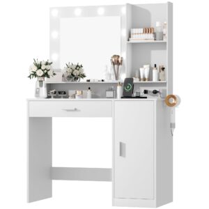 furmax vanity desk with lighted mirror 3 modes & power outlets, makeup vanity table with drawers, cabinet and open shelves, for bedroom & dressing room (white)