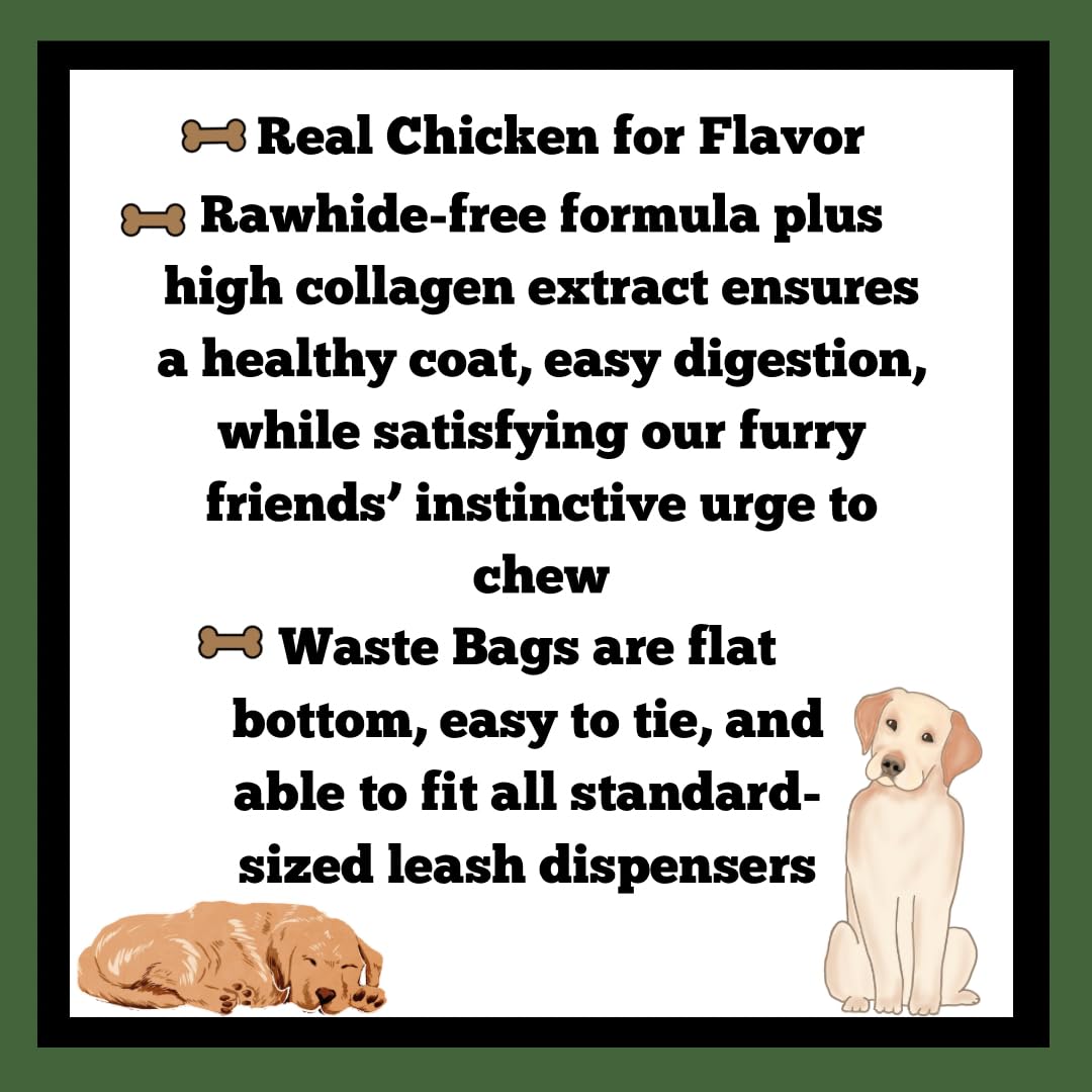 AccessiPets Dog Chews Bundles for Medium and Large Dogs, 6 Inch Rawhide Free Alternative Collagen Rolls Bundle with 1 Dog Waste Roll, Long-Lasting Dental Treats (Chicken, 4 Count)