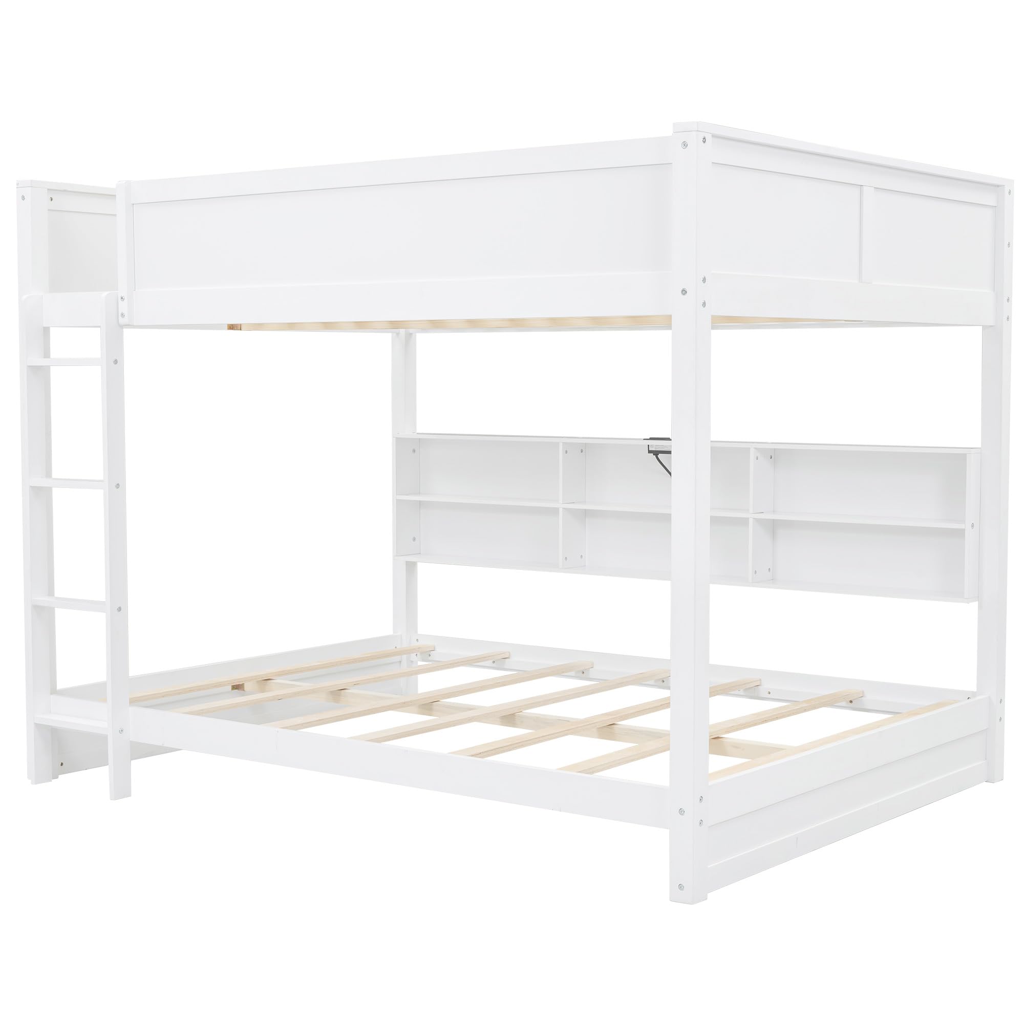 XD Designs Wood Bunk Bed Queen Over Queen Size with Built-in Storage Cabinets and USB Ports, Versatile Bunk Bed Frame with Ladder and Guardrail for Kids Teens Adult, Maximize Space (White-9.30)