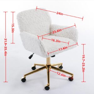 Homfii Fluffy Desk Chair,Height Adjustable Vanity Chair with Wheels,Comfortable Faux Fur Desk Chair with goldenn Base,Accent Arm Chair for Bedroom,Living Room,Vanity,Office