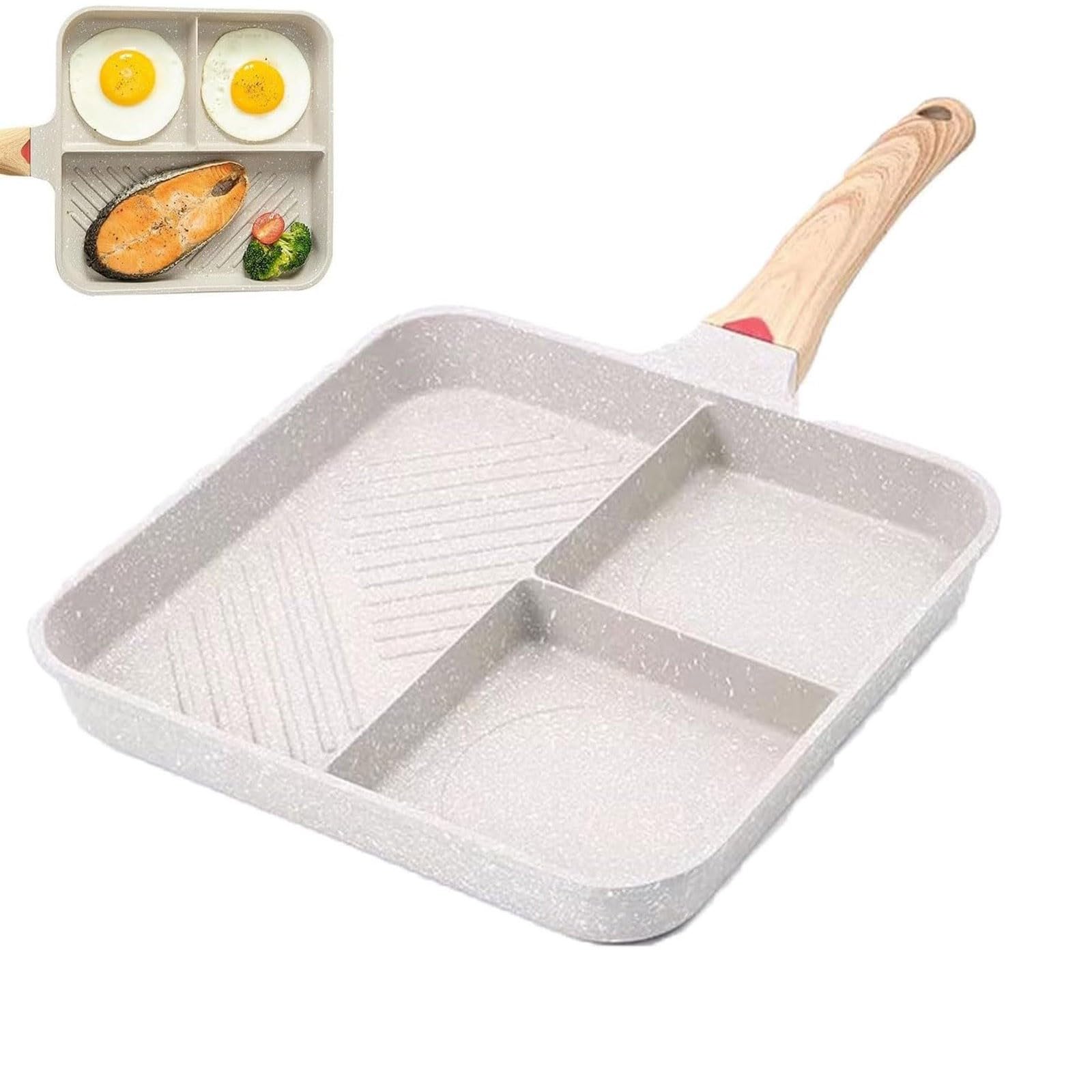 3 in 1 Divided Saute Pan, Divided Pan for Cooking, Divided Cooking Pan for Stove Tops, Nonstick Egg Frying Pan for Pancakes, Bacon and Sausage, Omelet Pan for Indoor Cooking & Outdoor Grilling (Beige)