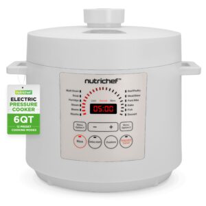 nutrichef electric pressure cooker 6 quart capacity | 9 function digital countertop pressure cooker | adjustable time & temperature | cook, bake, steam, broil, & braise | 13.1 x 11.4 in | white