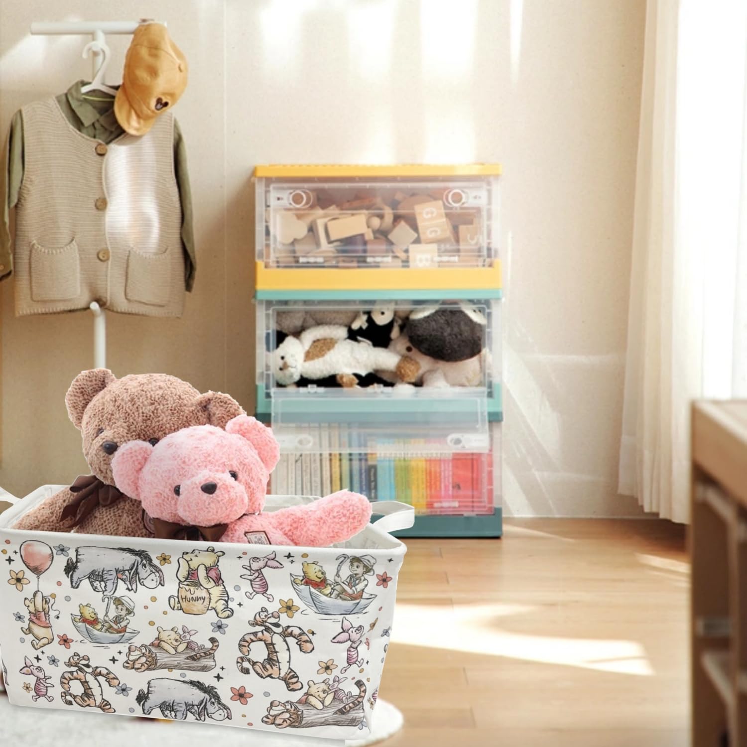 Winnie Nursery Hampers with Handles Classaic Pooh Nursery Storage Basket Foldable and Waterproof Canvas Large Organizers for Bathroom, Bedroom, Toys, Clothes, Laundry Bin