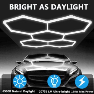 DHXYHQY Hexagon Garage Lights, Honeycomb Lights Ceiling, 5 Grid Systems 6500K Cool White, Linkable Plug-in Ceiling Light, Hexagon Ceiling Light for Car Detailing Garage Workshop