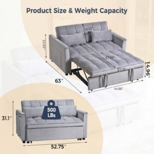 Lyromix 3 in 1 Sleeper Sofa Couch Bed, Velvet Sofa Bed with Adjustable Backrest, Modern Sofa Bed for Living Room, Convertible Sofa Bed for Bedroom, Gray