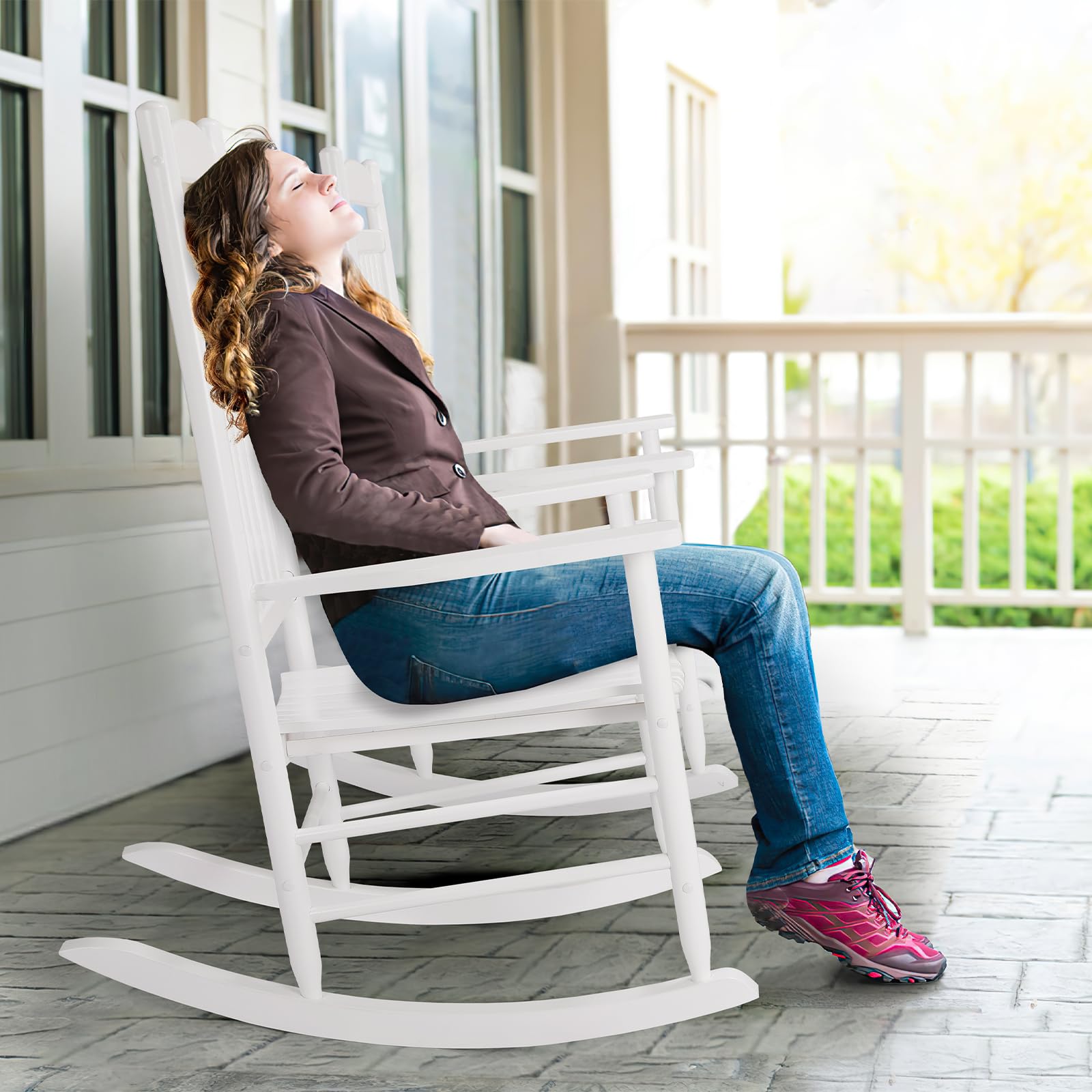 MAMIZO Soild Wood Outdoor Rocking Chair with High Back, Porch Rocking Chairs Oversized Easy to Assemble for Porch Garden, Lawn, Balcony, Backyard, Wooden Rocking Chair Outdoor and Indoor (White)