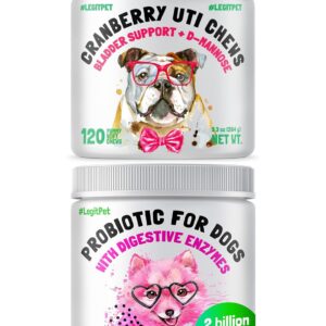 Cranberry UTI Chews for Dogs Bladder Suppot + D-Mannose Supports Kidney Urinary Tract 120 Chews and Probiotics for Dogs Natural Digestive Enzymes Prebiotics for Allergy 120 Chews