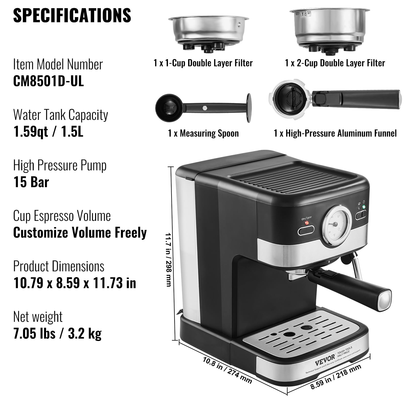 VEVOR Espresso Machine, 15 Bar Semi-Automatic Espresso Maker with Milk Frother Steam Wand for Latte and Cappuccino, Professional Coffee Maker with Temp Gauge & Removable Water Tank, NTC Control System