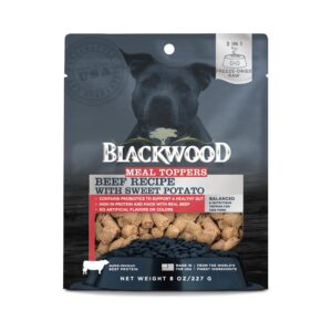 blackwood dog food topper, beef recipe with sweet potato, 8 ounce, high protein with probiotics, use as training treat, meal, or topper