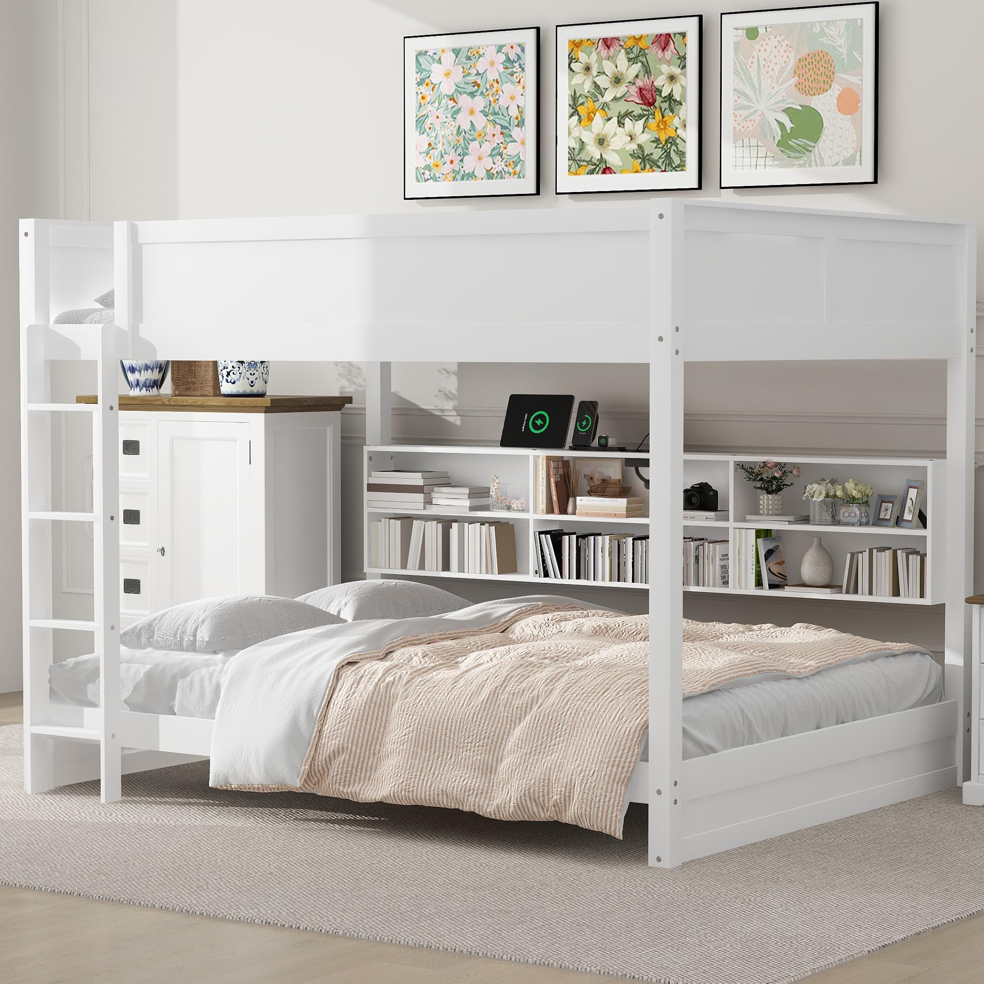 XD Designs Wood Bunk Bed Queen Over Queen Size with Built-in Storage Cabinets and USB Ports, Versatile Bunk Bed Frame with Ladder and Guardrail for Kids Teens Adult, Maximize Space (White-9.30)