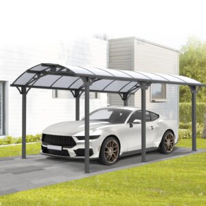 real relax 12 x 16 ft metal carport kits with polycarbonate panel, heavy duty metal carport canopy, outdoor car tent metal garage shelter for car, truck and boats, grey