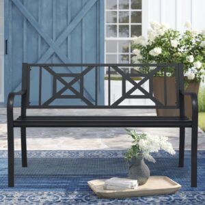 Maemttes Black Outdoor Bench, Metal Weatherproof Garden Bench Cast Iron Heavy-Duty Patio Bench with Decorative Backrest for Proch Park 880lb Capacity