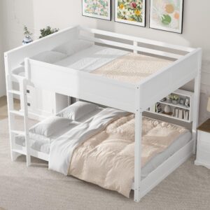 XD Designs Wood Bunk Bed Queen Over Queen Size with Built-in Storage Cabinets and USB Ports, Versatile Bunk Bed Frame with Ladder and Guardrail for Kids Teens Adult, Maximize Space (White-9.30)