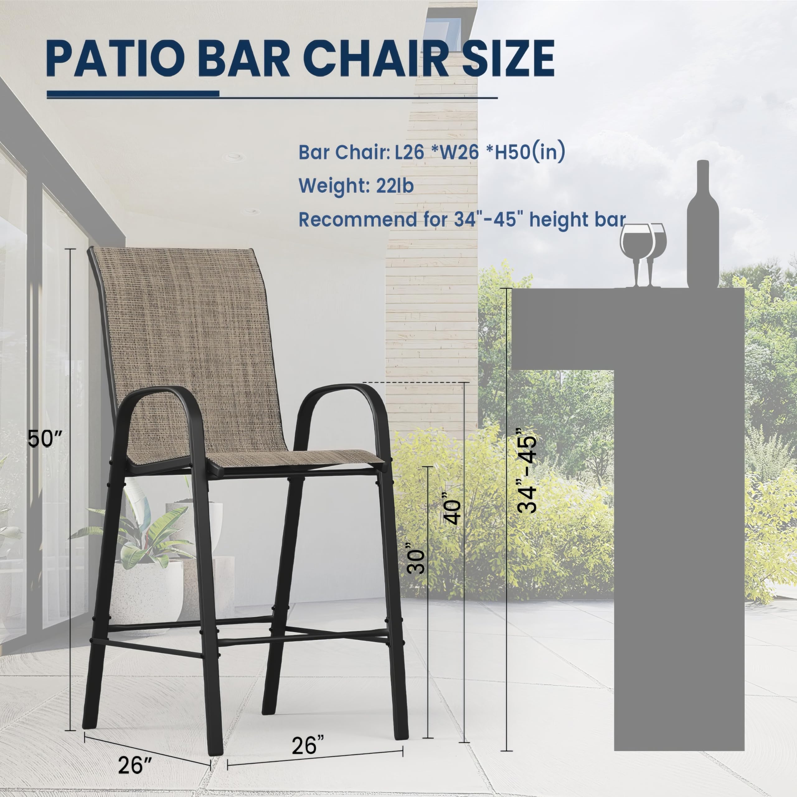 UDPATIO Outdoor Bar Stools of 4, All Weather Patio Bar Height Sets, High Back Patio Stools & Bar Chairs for Backyard, Balcony and Pool, Brown