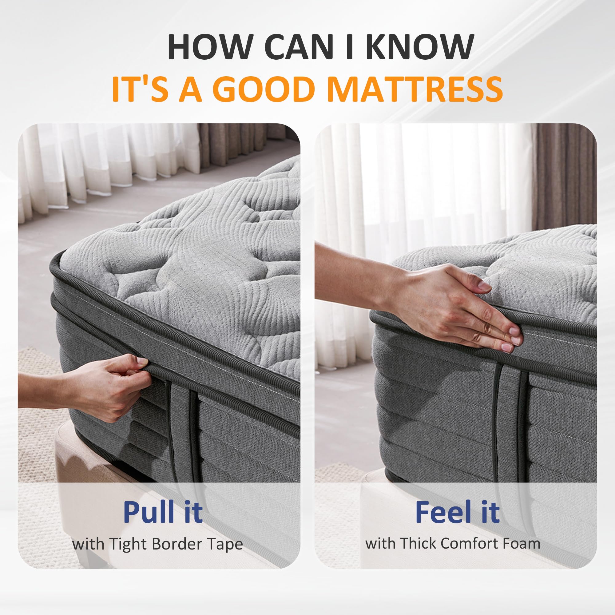 Queen Mattress 14 Inch, Firm Supportive Mattress Designed with Tight Line & Thick Foam Edges for Back Sleepers & Stomach Sleepers, Euro Top Enhanced Pocket Spring Hybrid Memory Foam Mattress