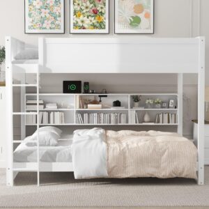 xd designs wood bunk bed queen over queen size with built-in storage cabinets and usb ports, versatile bunk bed frame with ladder and guardrail for kids teens adult, maximize space (white-9.30)