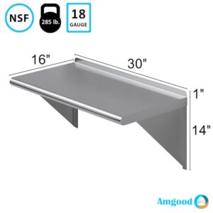 AmGood 16 in. x 30 in. Stainless Steel Wall Shelf | NSF Certified | Appliance & Equipment Metal Shelving | Kitchen, Restaurant, Garage, Laundry, Utility Room