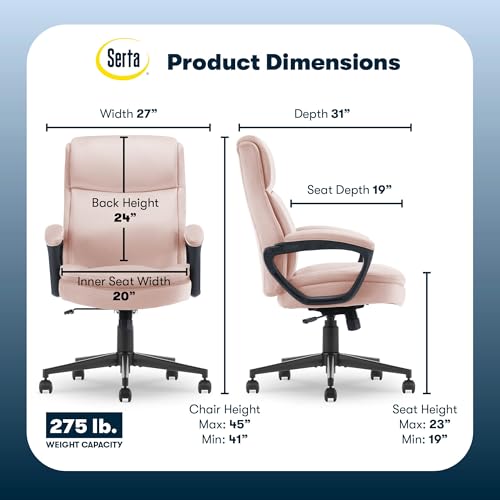 Serta® Comfort Ergo Executive Office Chair, Ergonomic Mid-Back with Extra Lumber Support, Padded Armrests, Adjustable Height and Tilt-Lock Side Lever, Swivel Base, Pink Velvet Fabric