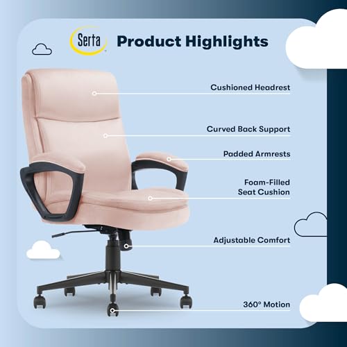 Serta® Comfort Ergo Executive Office Chair, Ergonomic Mid-Back with Extra Lumber Support, Padded Armrests, Adjustable Height and Tilt-Lock Side Lever, Swivel Base, Pink Velvet Fabric