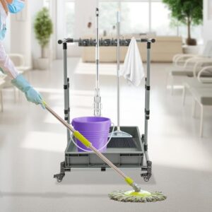 ENTOGINE Cleaning Tool Cart Broom and Mop Holder Cleaning Supplies Organizer Adjustable Grey W/12 Hooks