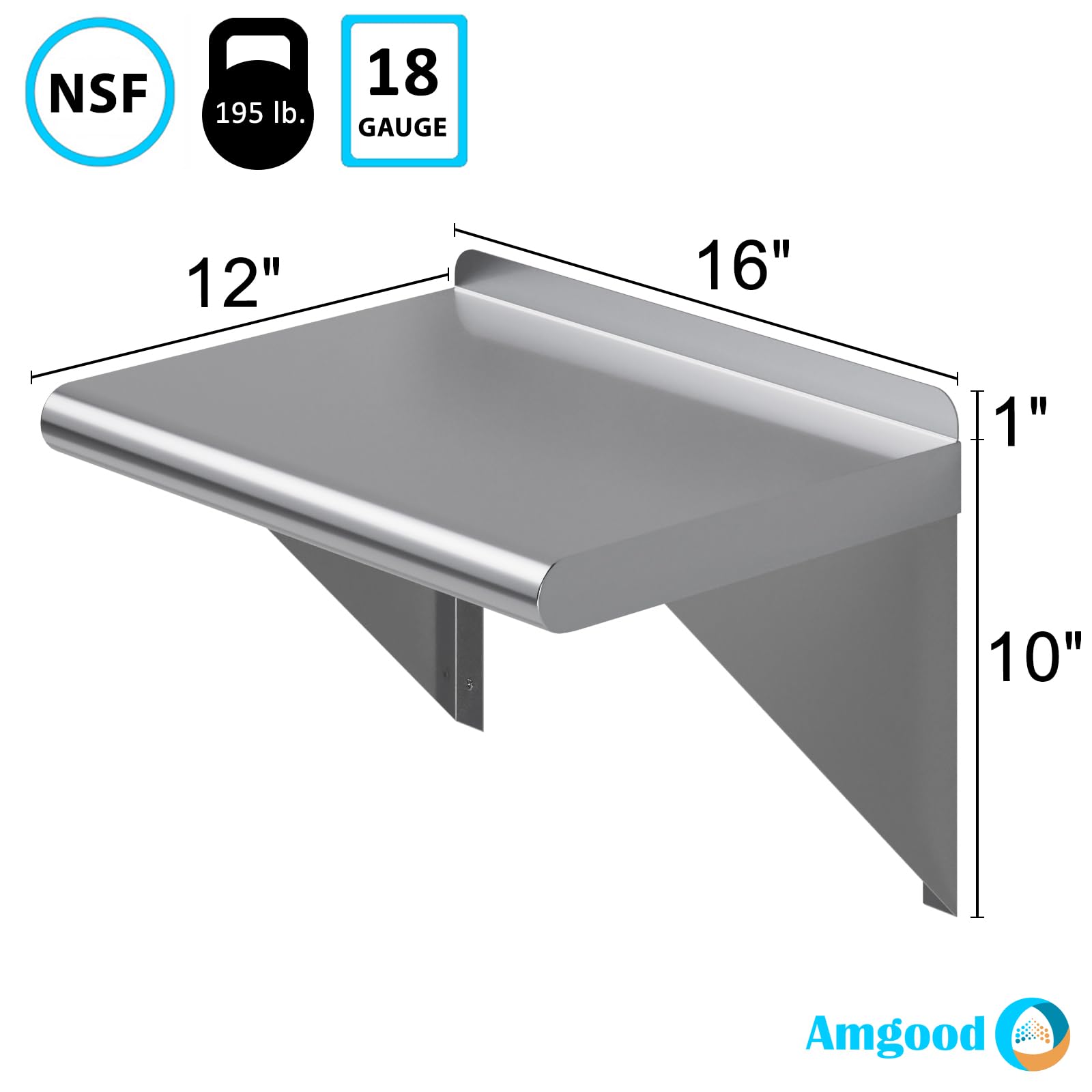 AmGood 12 in. x 16 in. Stainless Steel Wall Shelf | NSF Certified | Appliance & Equipment Metal Shelving | Kitchen, Restaurant, Garage, Laundry, Utility Room