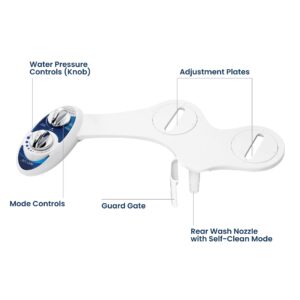 LUXE Bidet NEO 120 Blue Ultimate Upgrade Bundle - Self-Cleaning Non-Electric Bidet Attachment, Comfort Fit Elongated Toilet Seat, Shutoff Valve T-Adapter, and Toilet Seat Bumpers